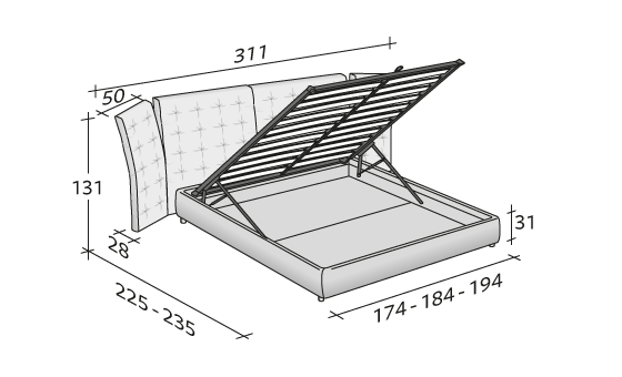 Flou bed - Angle With side panels quilted headboard